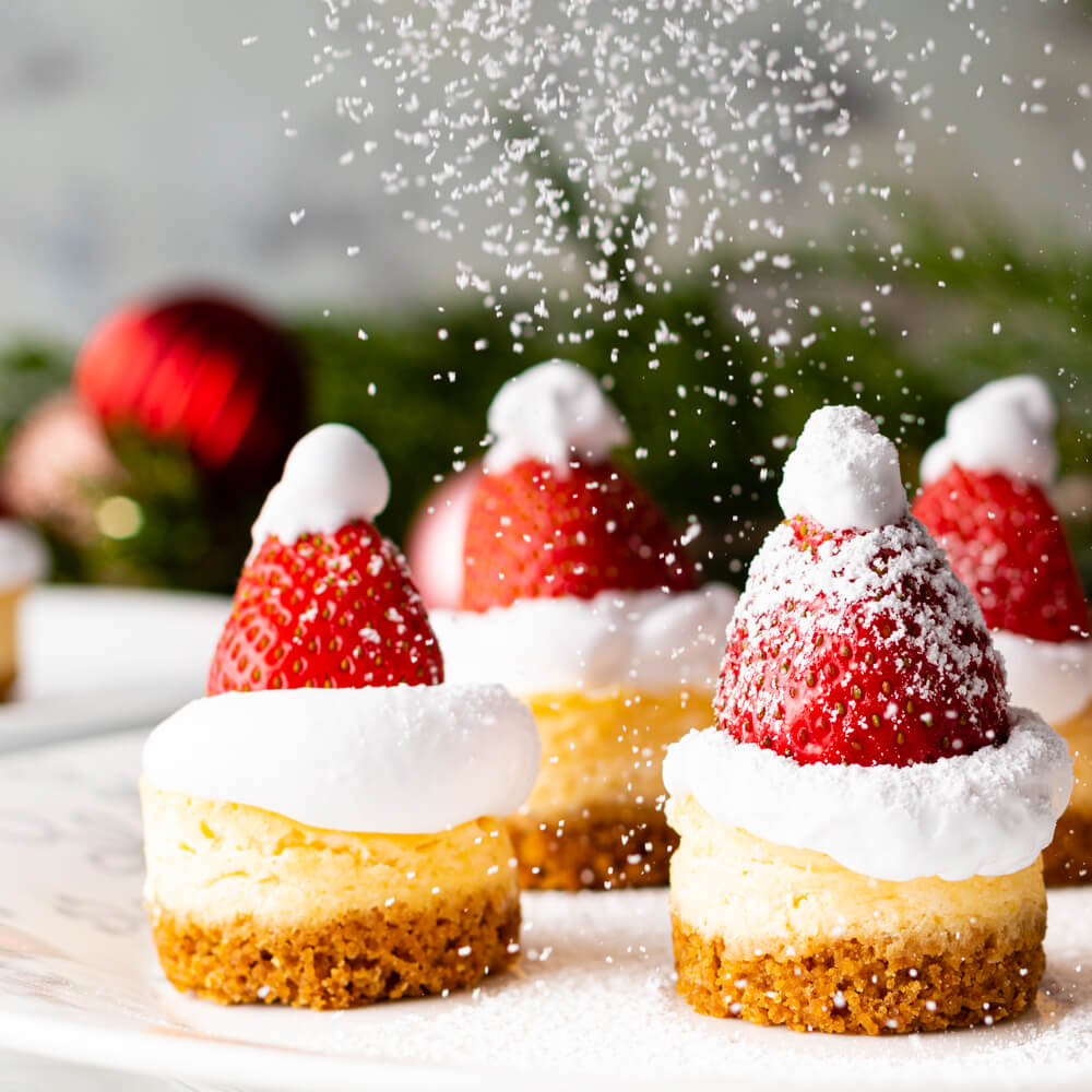 Mini Santa Hat Eggnog Cheesecakes | Low Sugar Recipe